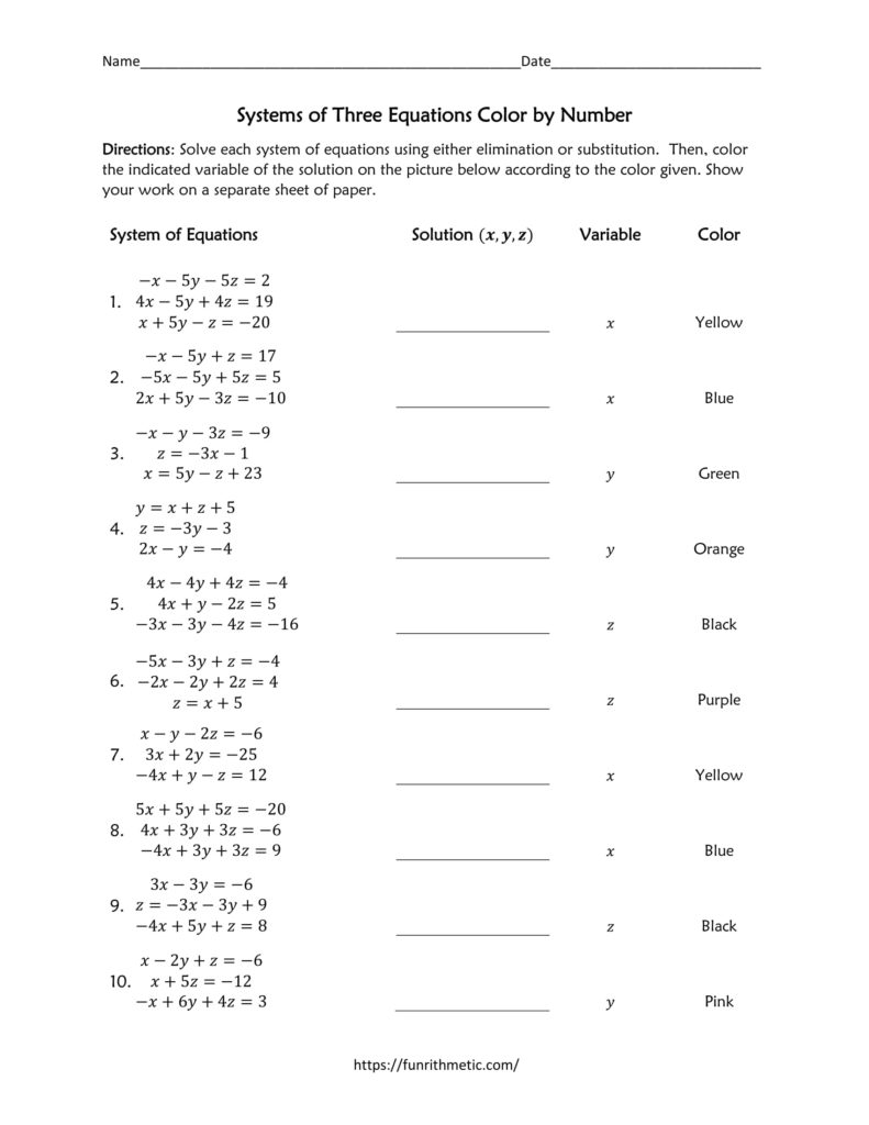 Systems of Three Equations Color by Number-2 | Funrithmetic