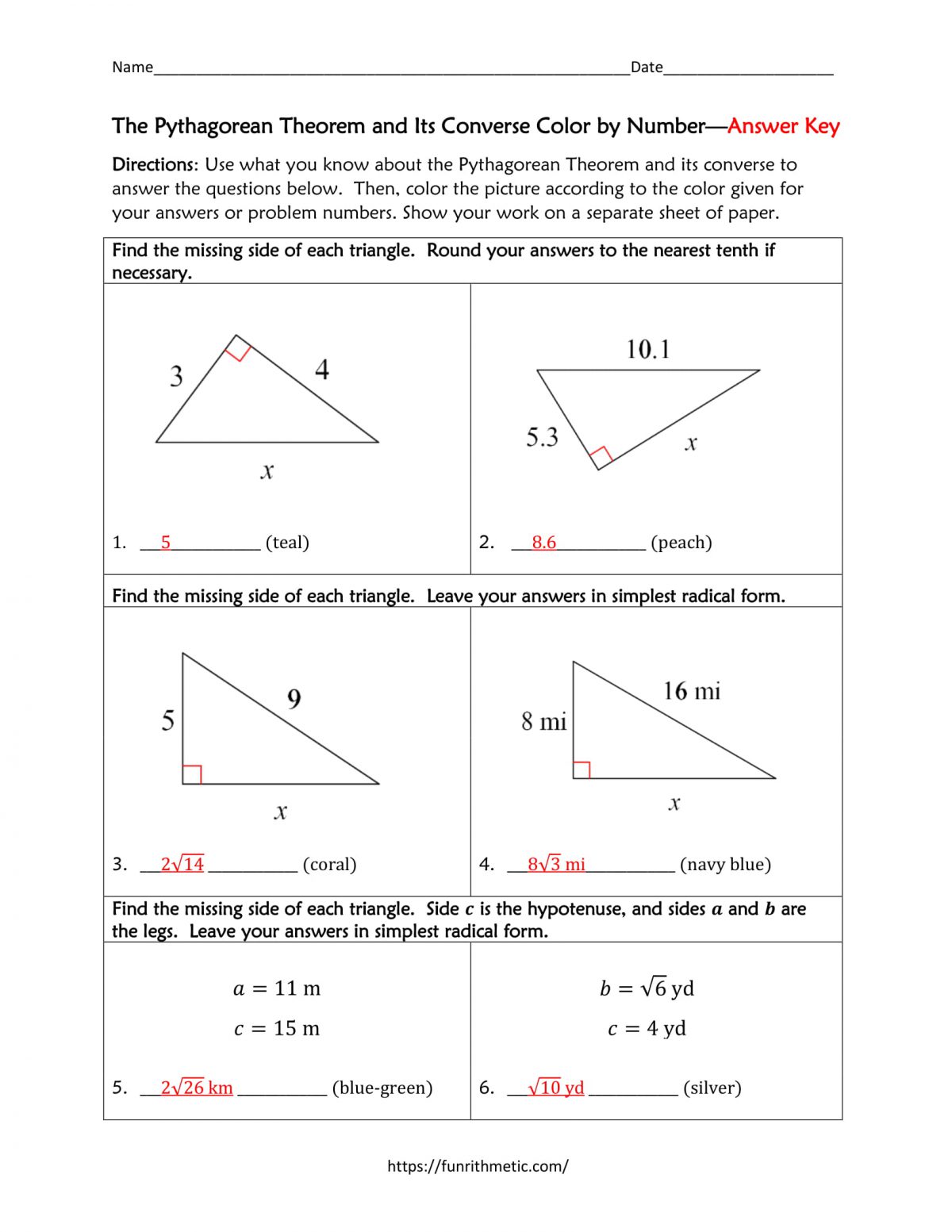 The Pythagorean Theorem and Its Converse Color by Number-5 | Funrithmetic