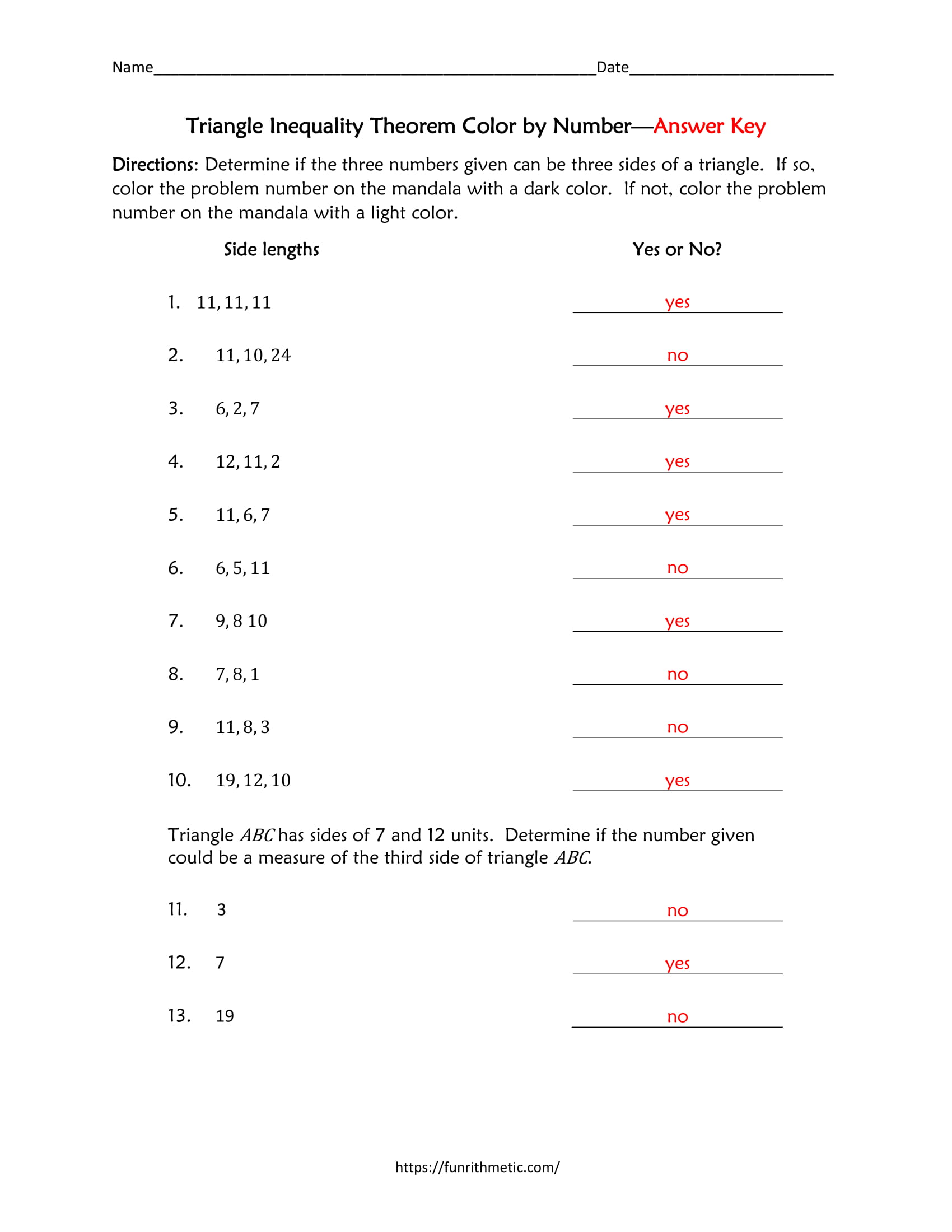 Triangle Inequality Theorem Color by Number-4 | Funrithmetic