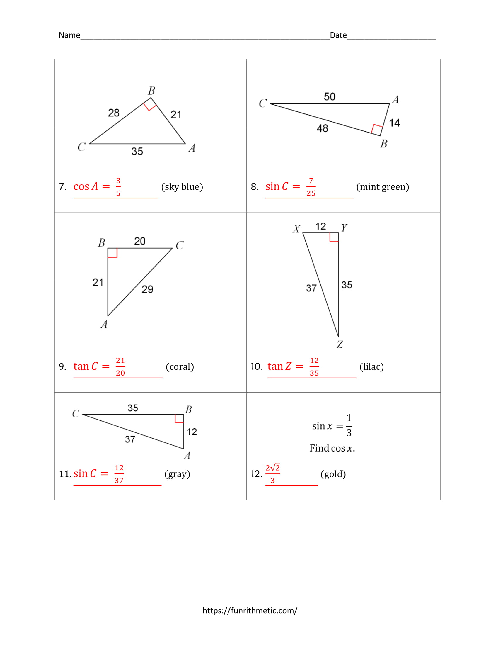 Trig Ratios Color by Number-6 | Funrithmetic