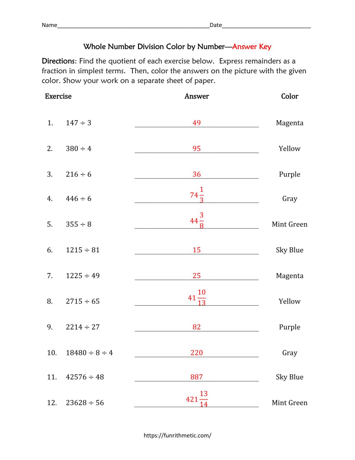 Whole Number Division Color by Number-4 | Funrithmetic