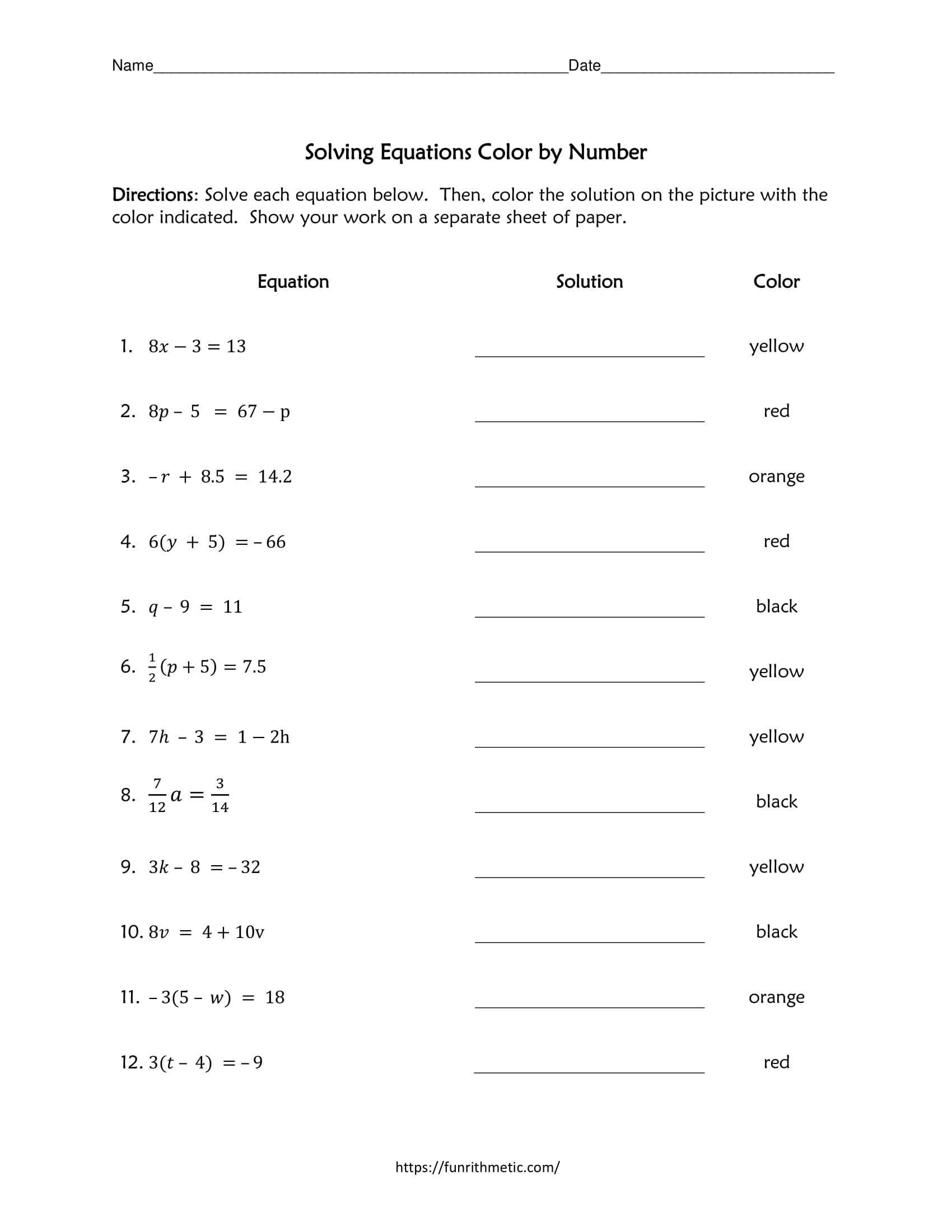 solving equations color by number-2 | Funrithmetic