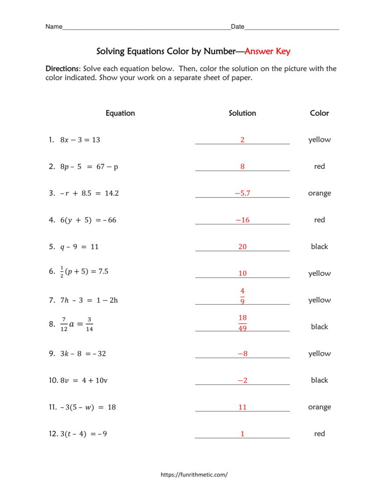 solving equations color by number-4 | Funrithmetic