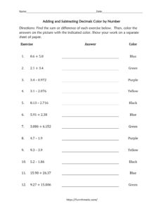 Adding & Subtracting Decimals Color by Number | Grades 4–5 Math ...