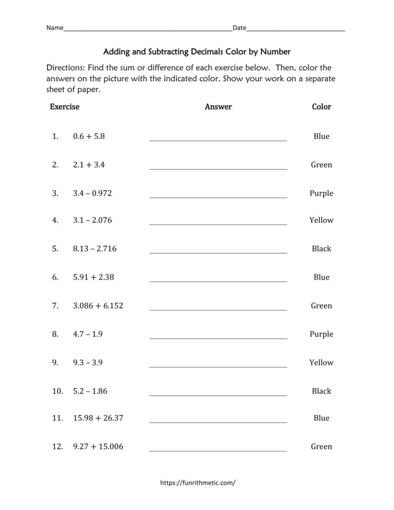 Adding and Subtracting Decimals Color by Number | Funrithmetic