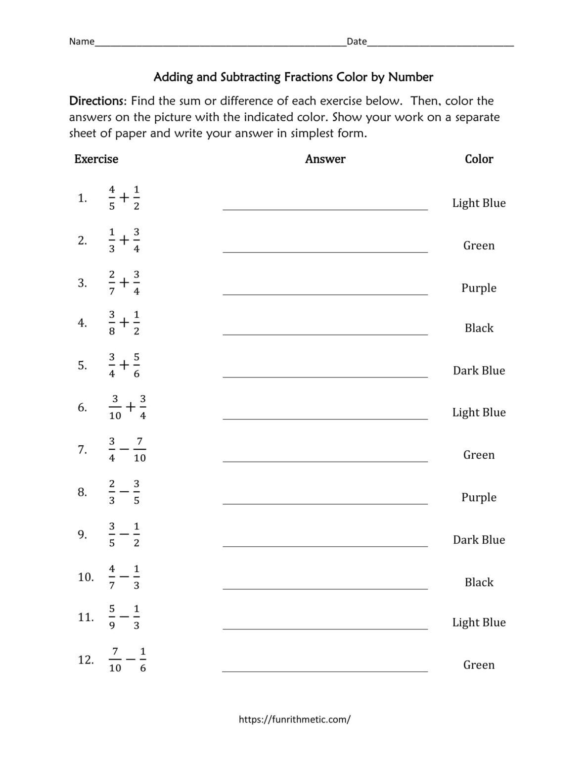 Adding and Subtracting Fractions Color by Number | Funrithmetic