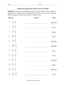 Adding and Subtracting Fractions Color by Number | Funrithmetic