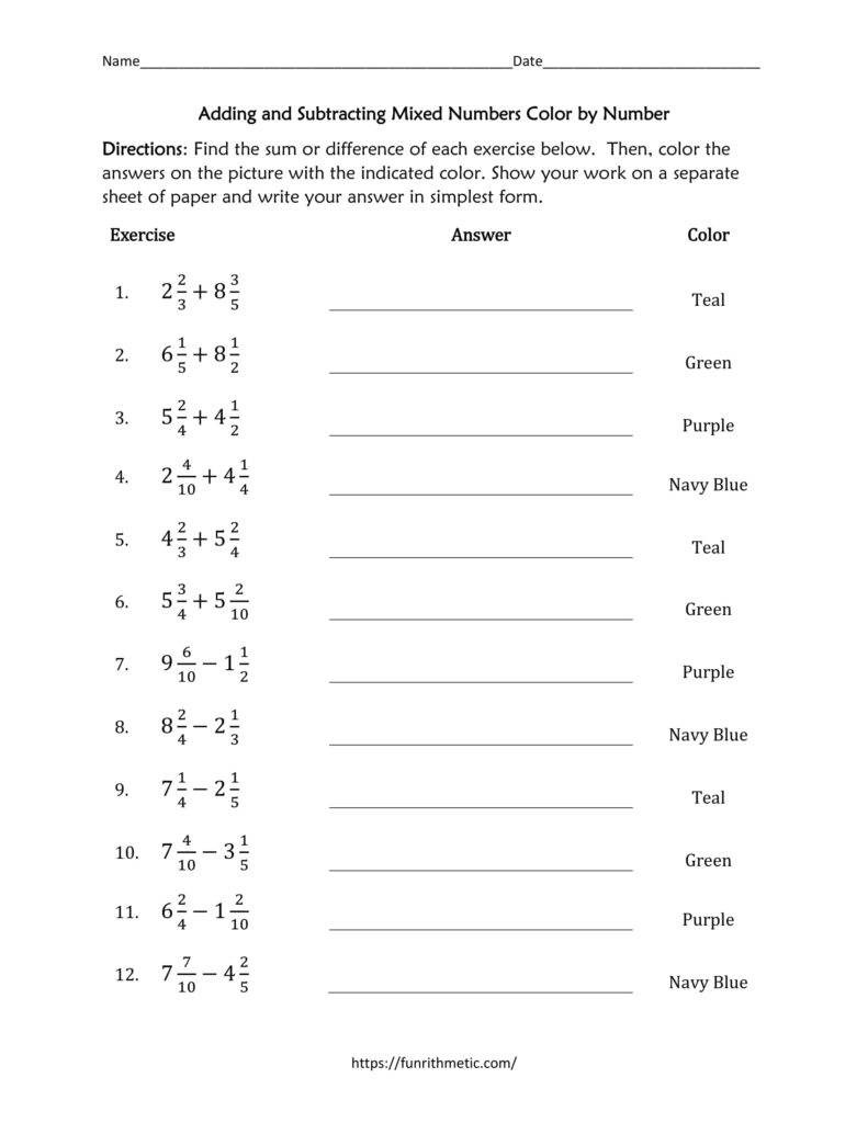 Adding and Subtracting Mixed Numbers Color by Number | Funrithmetic