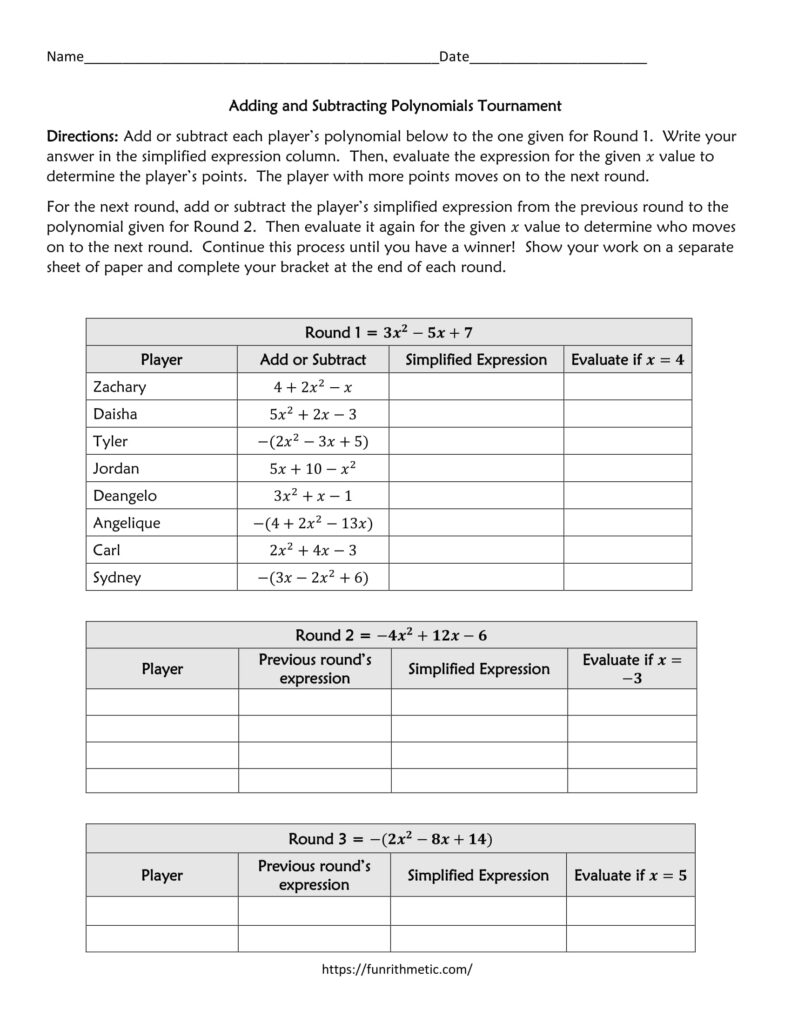 Adding and Subtracting Polynomials 8-Bracket Tournament | Funrithmetic