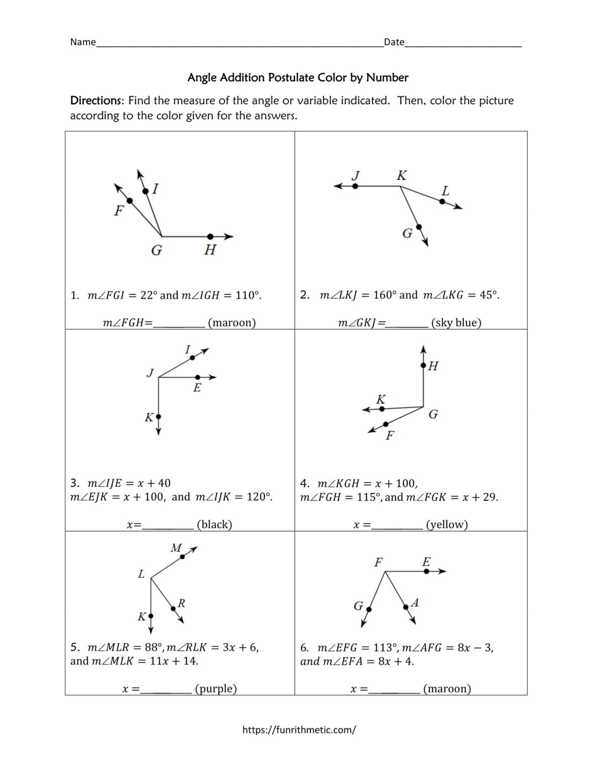 Angle Addition Postulate Color by Number | Funrithmetic