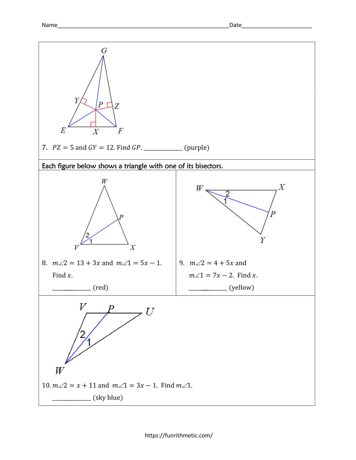 Angle Bisectors of Triangles Color by Number | Funrithmetic