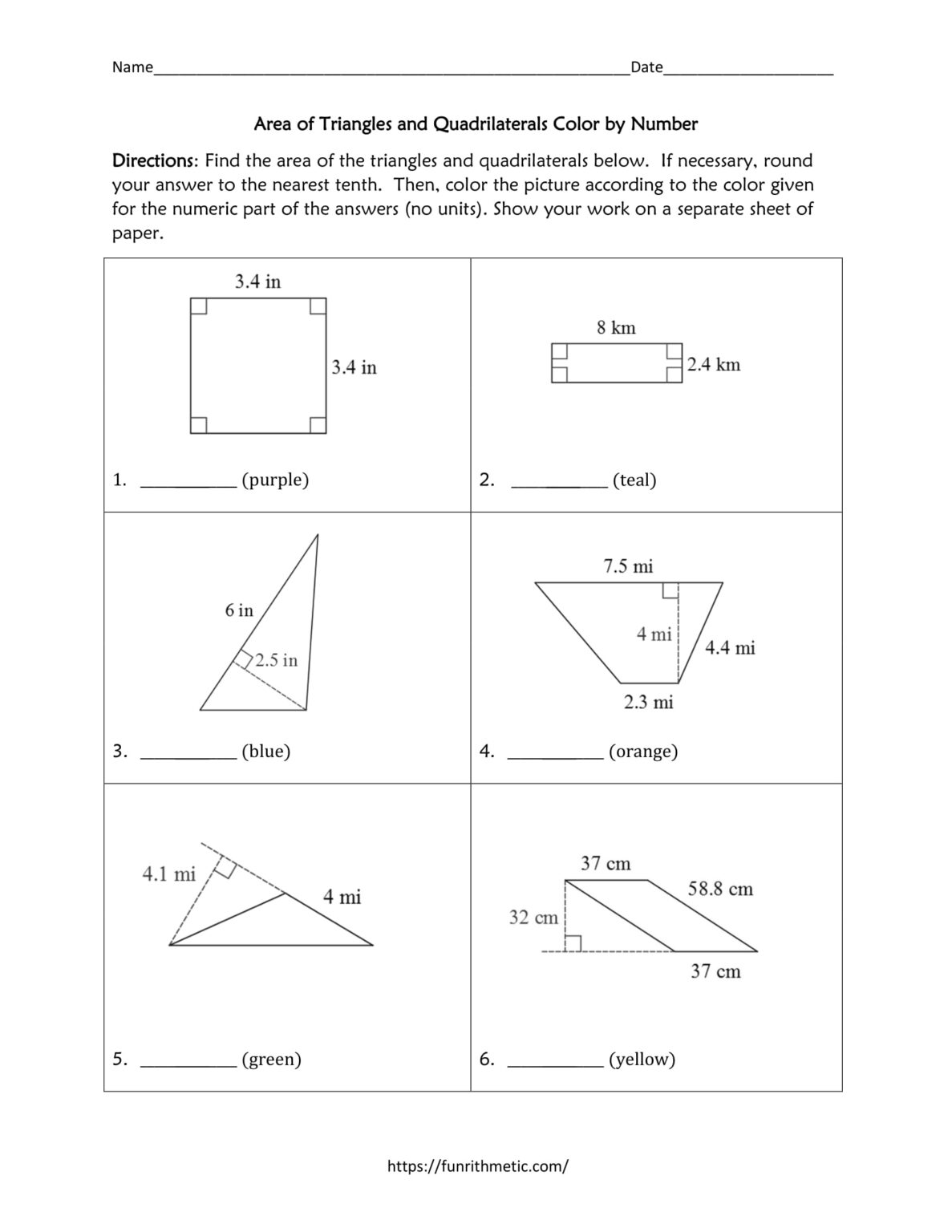 Areas of Triangles and Quadrilaterals Color by Number | Funrithmetic