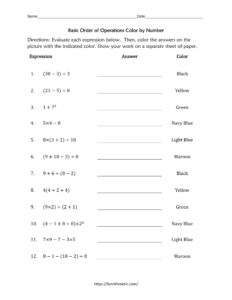 Basic Order of Operations Color by Number | Funrithmetic