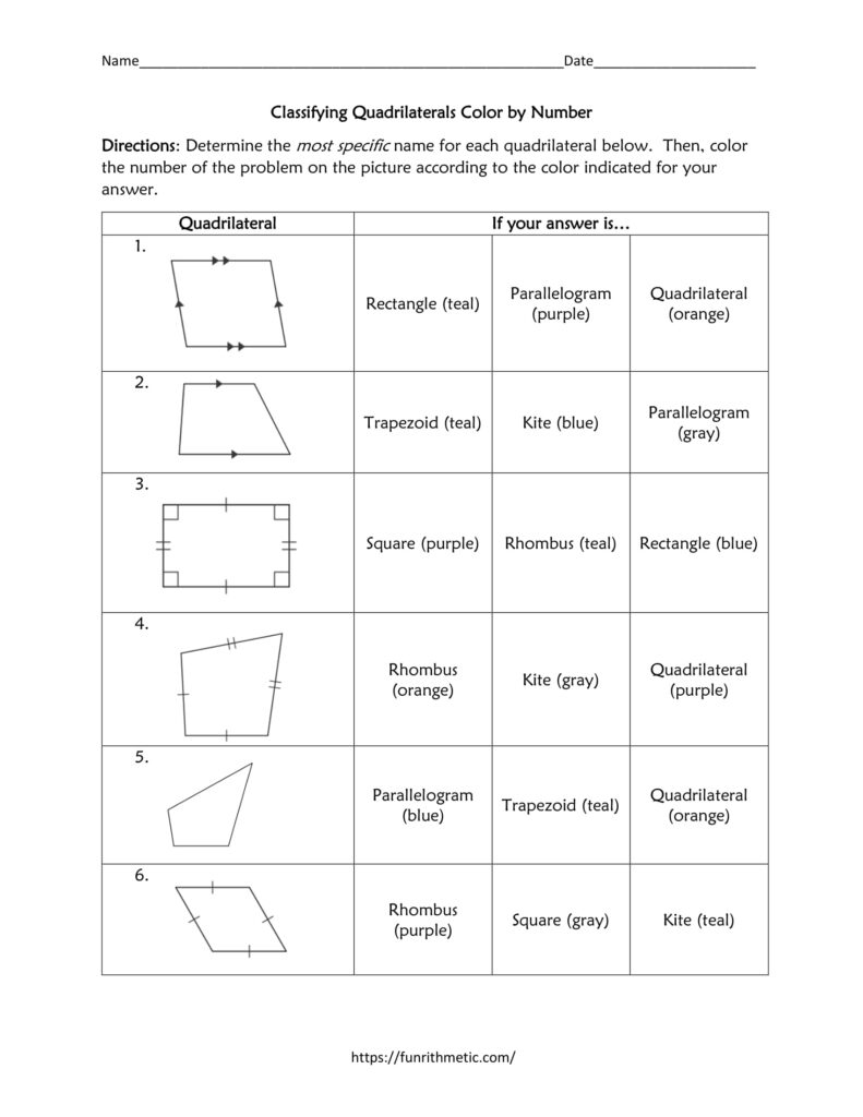 Classifying Quadrilaterals Color by Number | Funrithmetic
