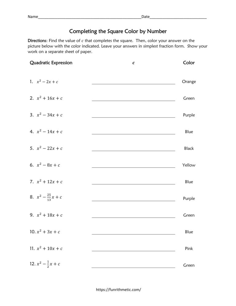 Completing the Square Color by Number | Funrithmetic