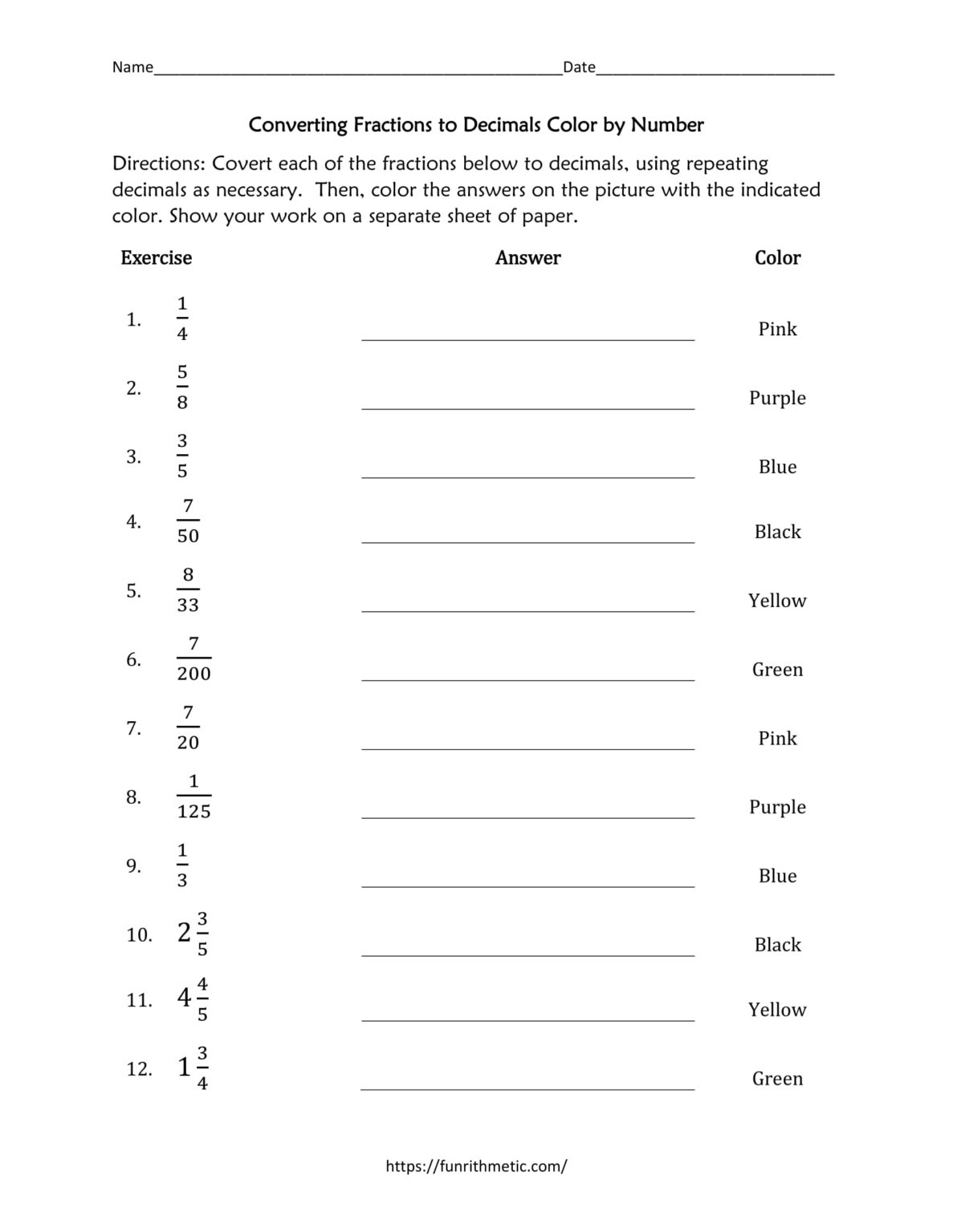 Converting Fractions to Decimals | Color by Number Practice (Grades 6 ...