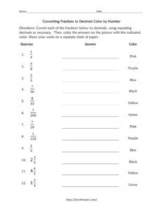 Converting Fractions to Decimals Color by Number | Funrithmetic