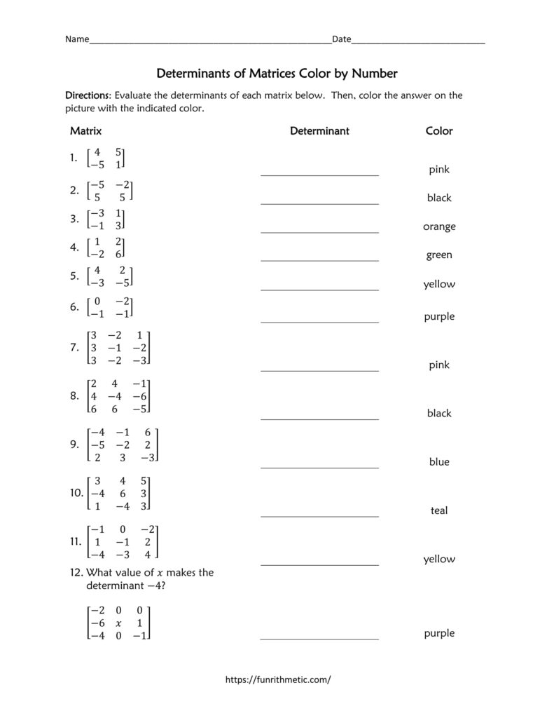 Determinants of Matrices Color by Number | Funrithmetic