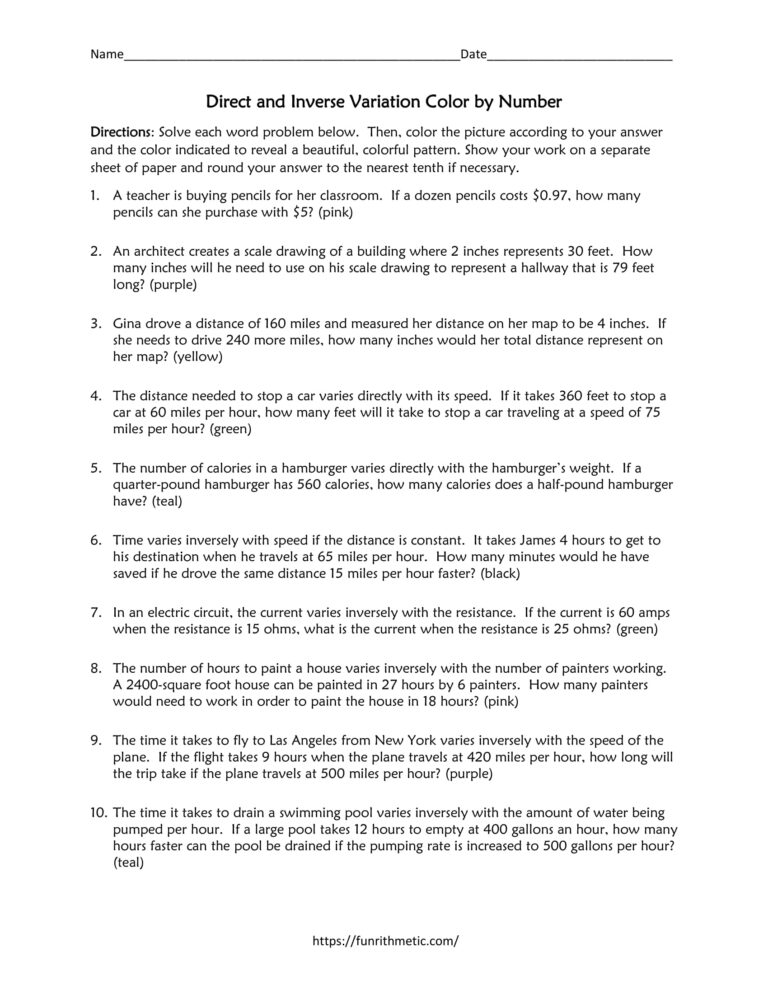 Direct and Inverse Variation Color by Number | Funrithmetic