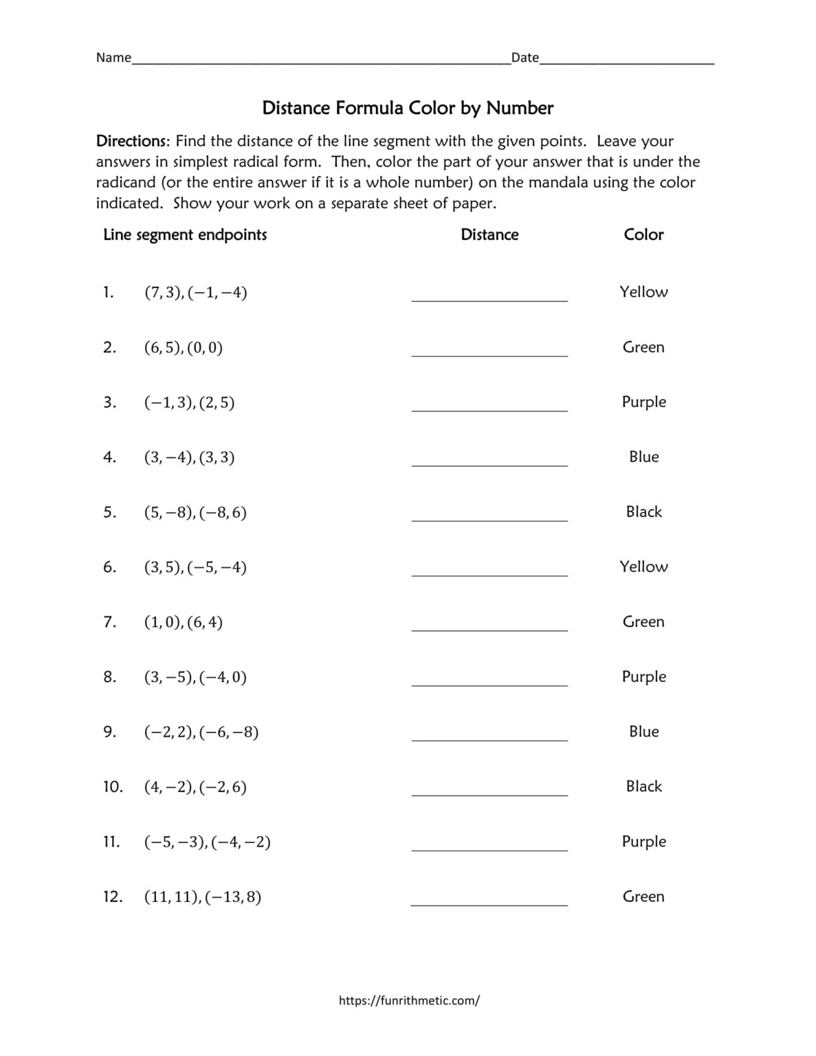 Distance Formula Color by Number | Funrithmetic