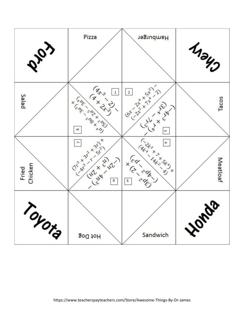 Adding and Subtracting Polynomials Fortune Teller Activity | Funrithmetic
