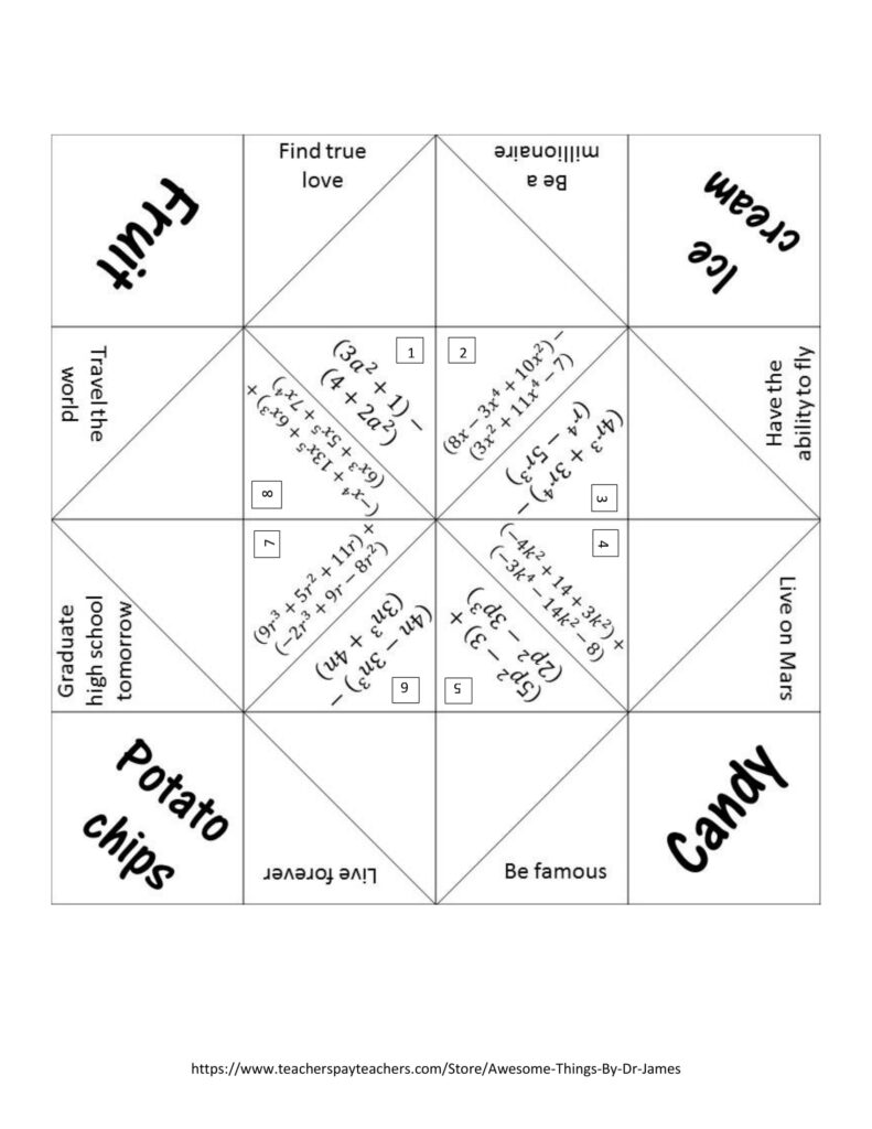 Adding and Subtracting Polynomials Fortune Teller Activity | Funrithmetic