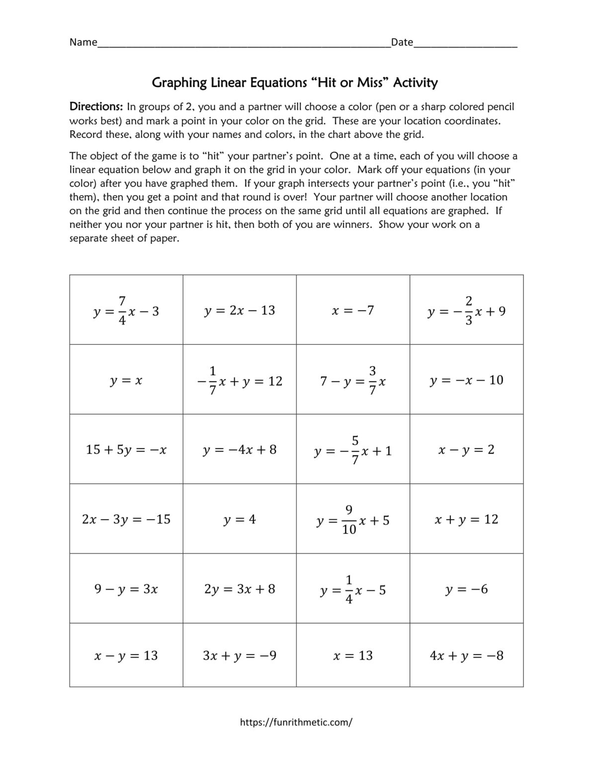 Graphing Linear Equations “Hit or Miss” Activity | Funrithmetic