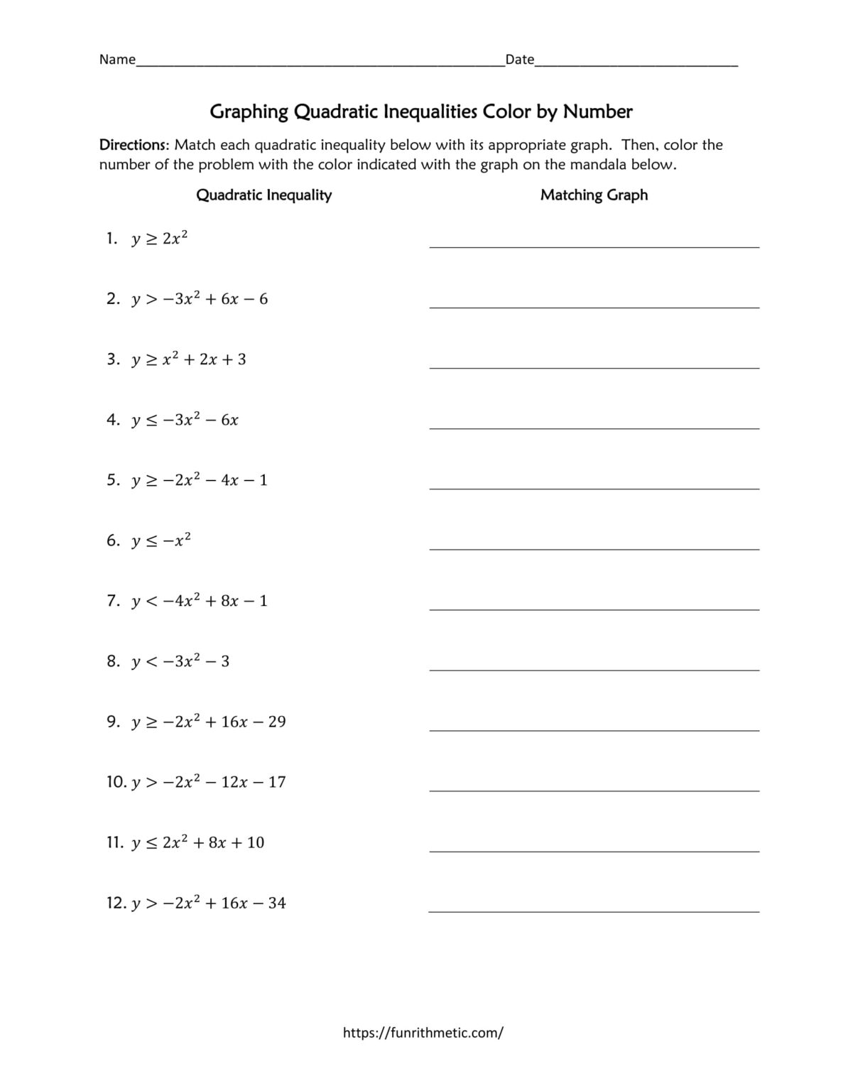 Graphing Quadratic Inequalities Color by Number | Funrithmetic