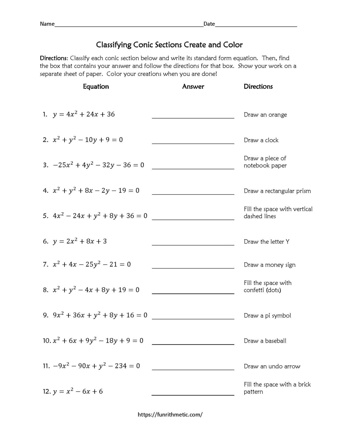 Classifying Conic Sections Create and Color | Funrithmetic