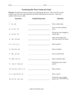 Combining Like Terms Create and Color | Funrithmetic