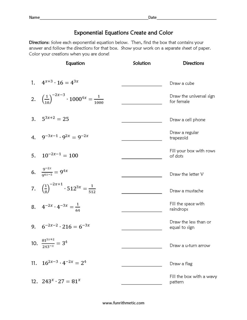 Exponential Equations Create and Color | Funrithmetic