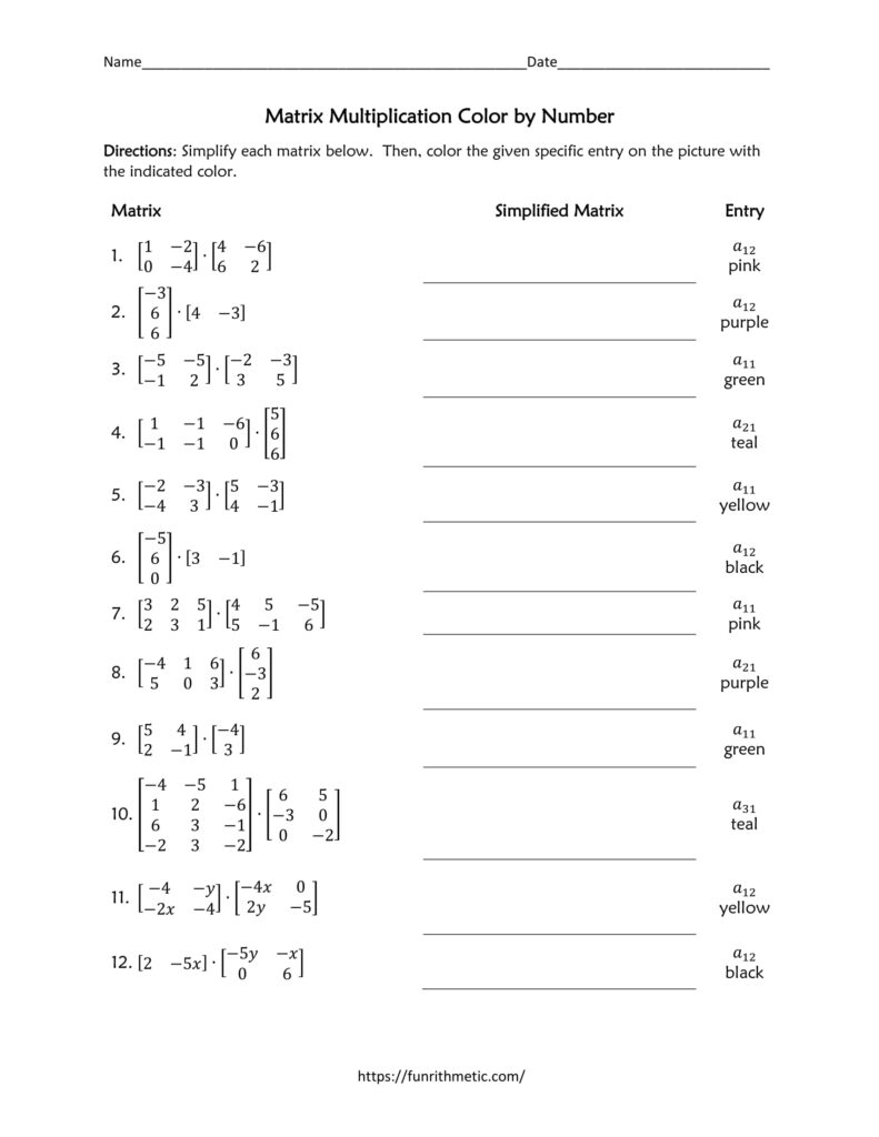 Matrix Multiplication Color by Number | Funrithmetic