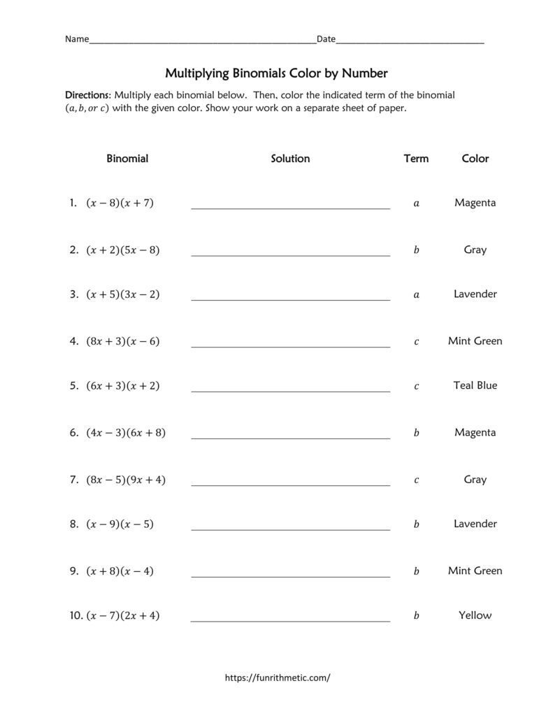 Multiplying Binomials Color by Number | Funrithmetic