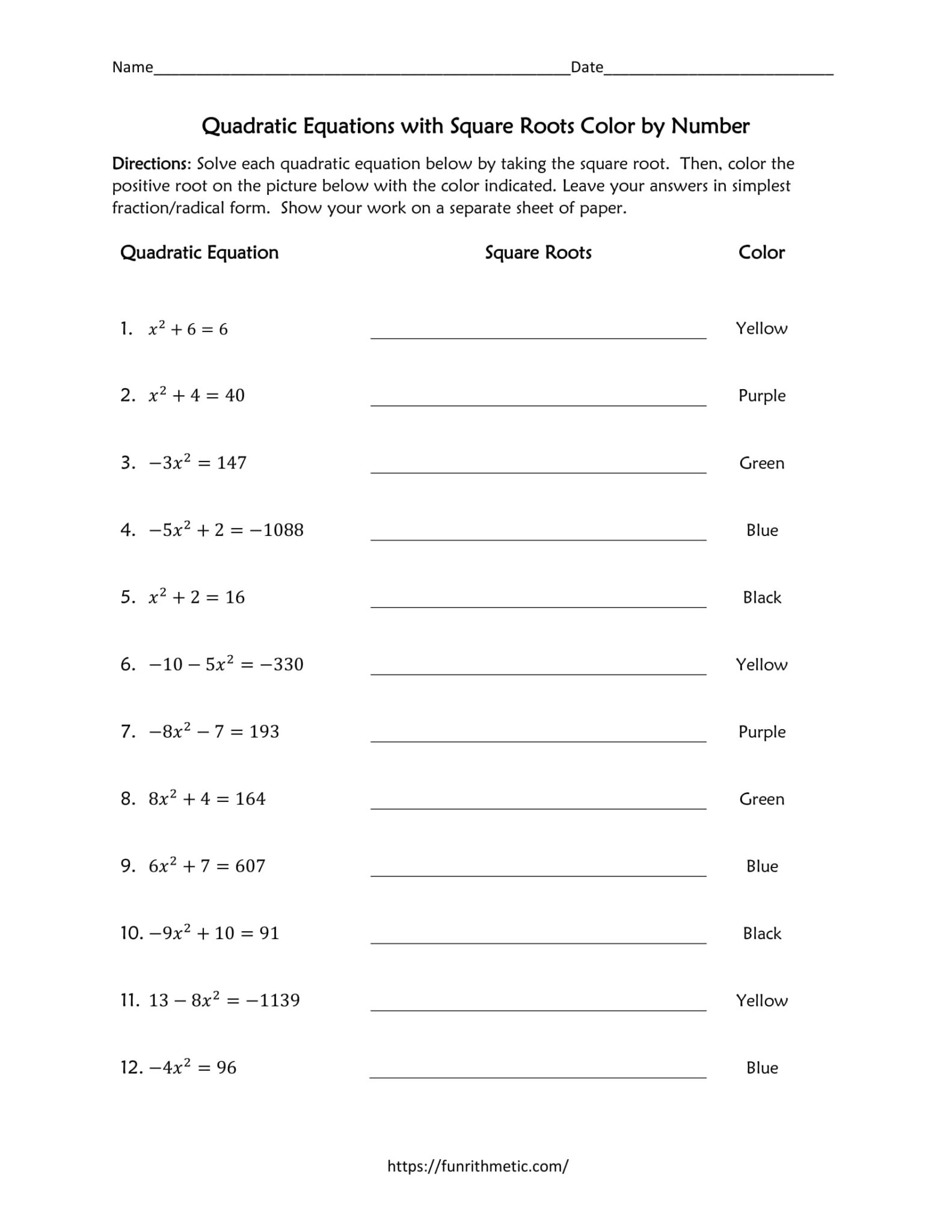 Quadratic Equations With Square Roots Color by Number | Funrithmetic