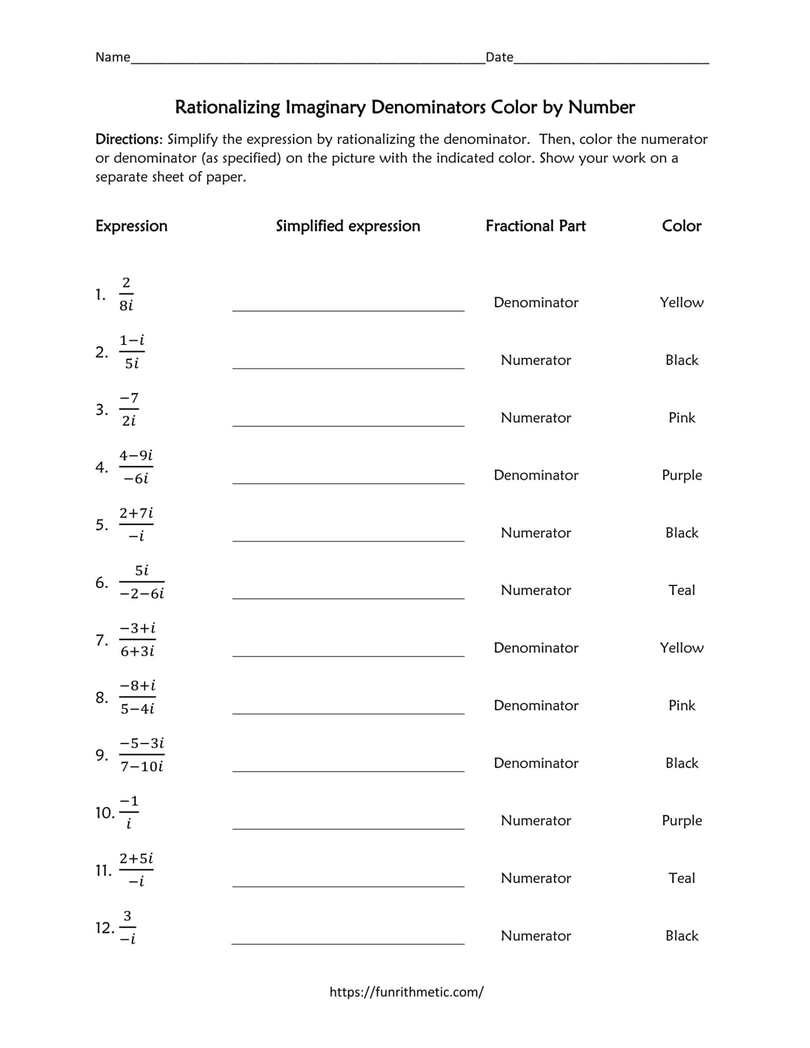 Rationalizing Imaginary Denominators Color by Number | Funrithmetic