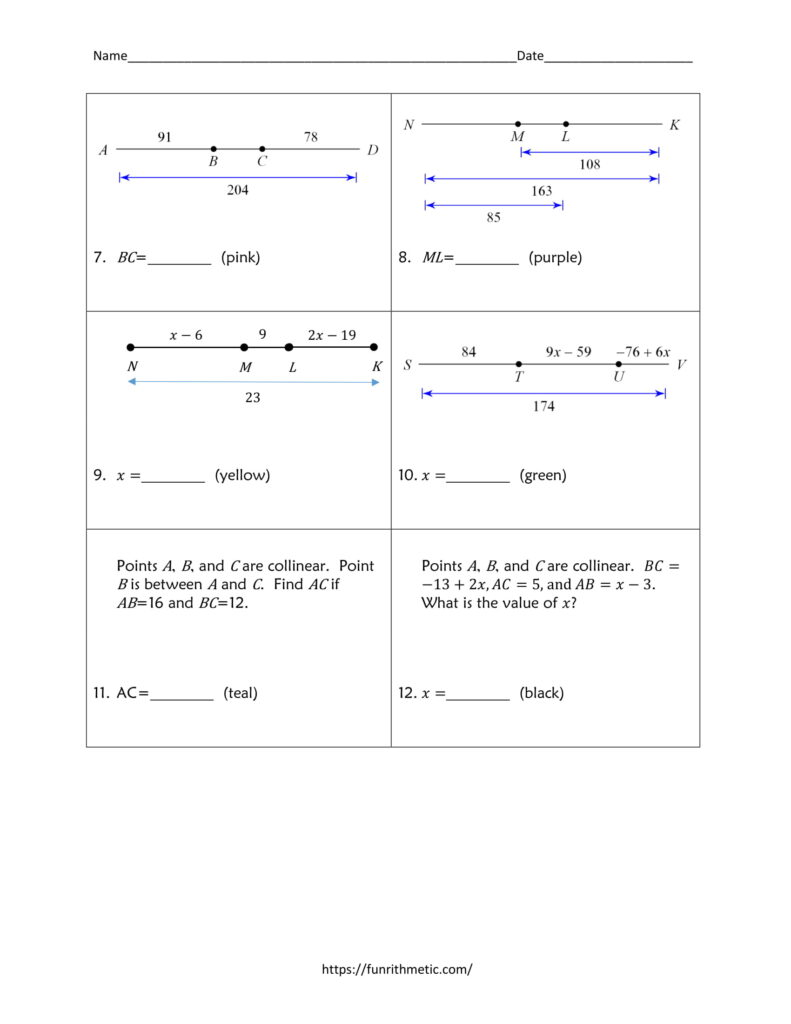 Segment Addition Postulate Color by Number | Funrithmetic