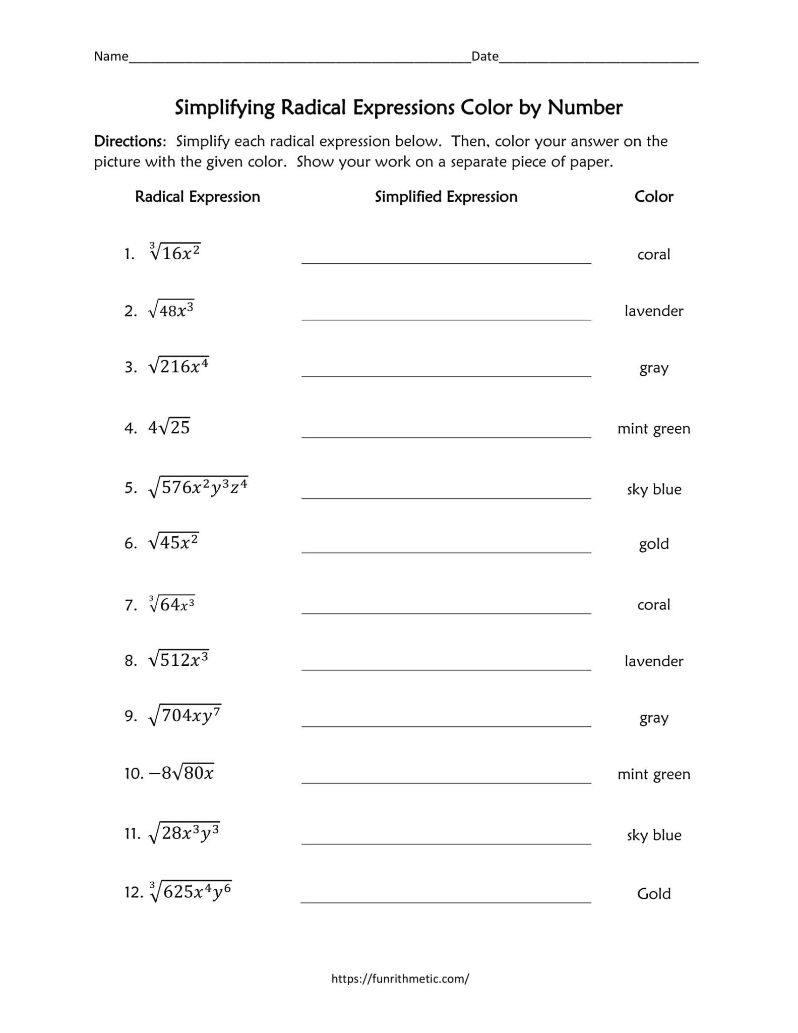 Simplifying Radical Expressions Color by Number | Funrithmetic