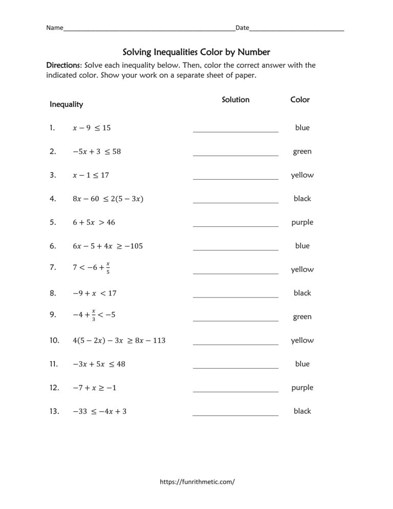 Solving Inequalities Color-by-Number | Differentiated Algebra Practice ...