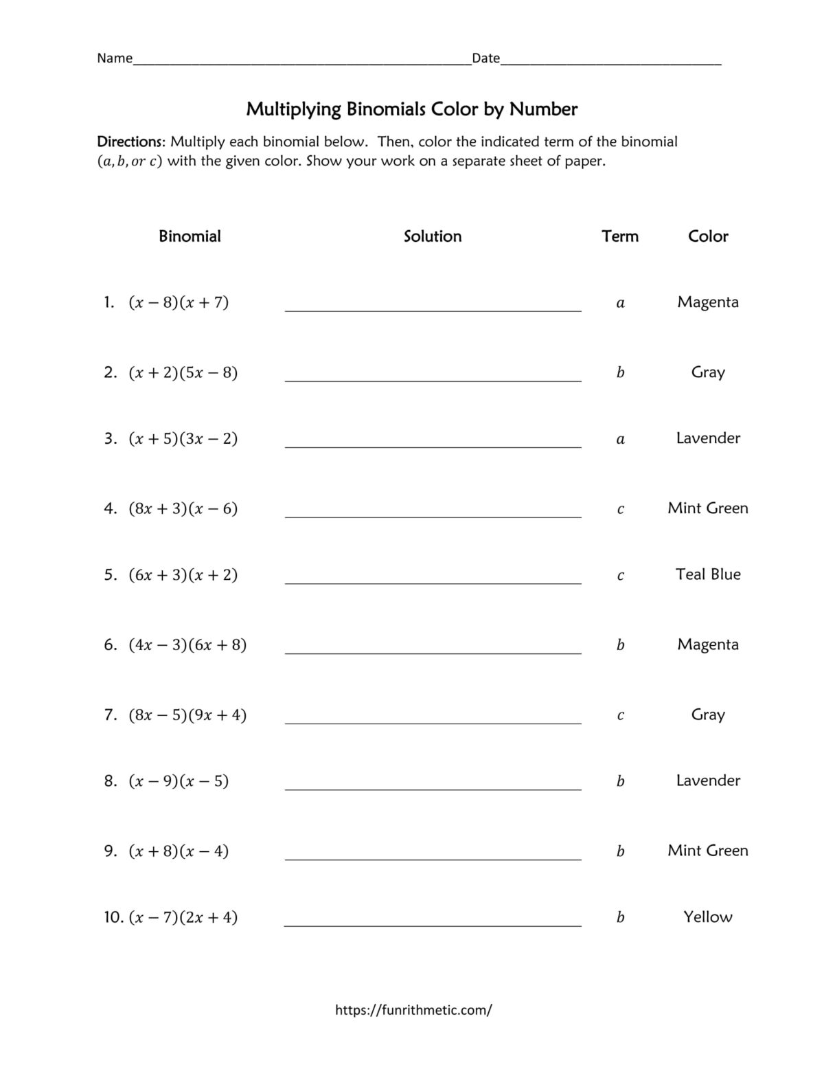 Multiplying Binomials Color by Number-2 | Funrithmetic