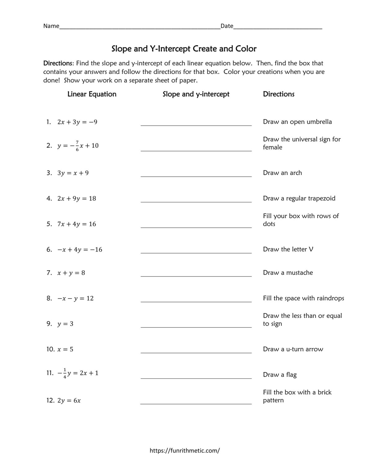 Slope and Y-Intercept Create and Color | Funrithmetic