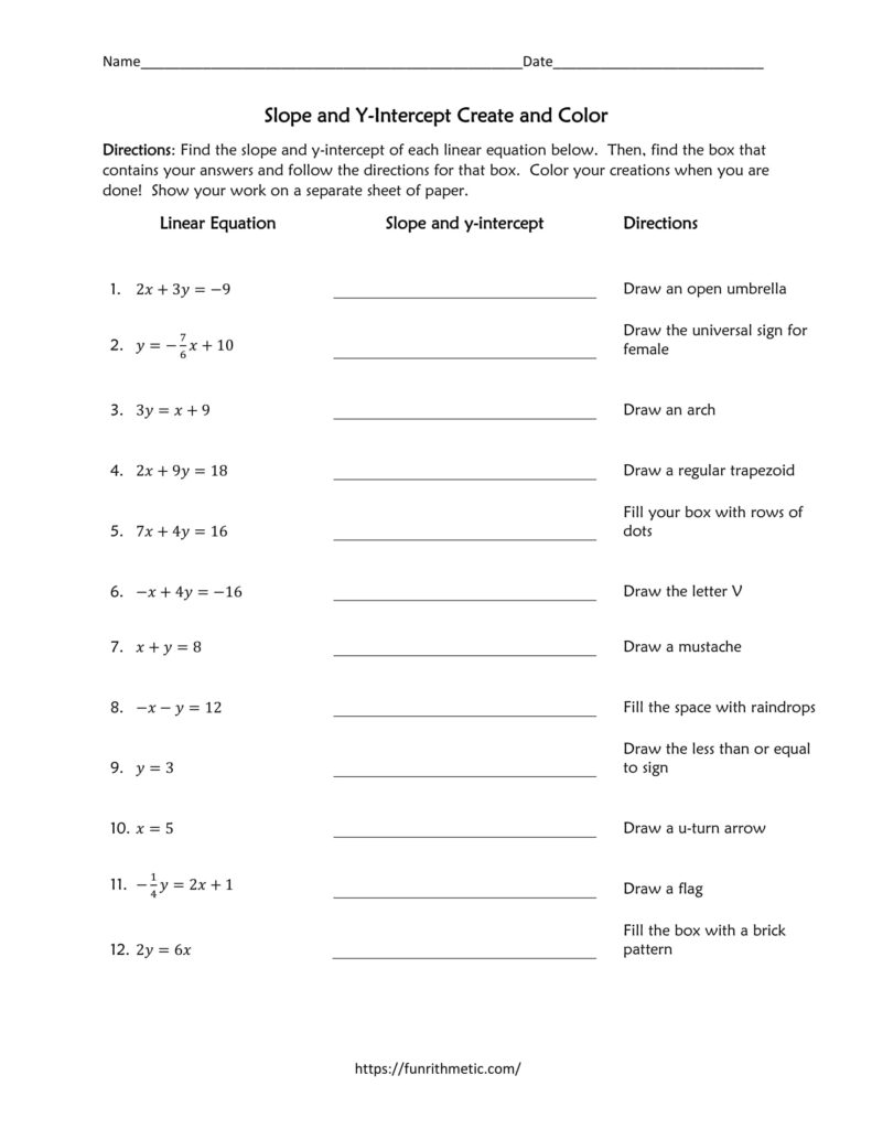 Slope and Y-Intercept Create and Color | Funrithmetic