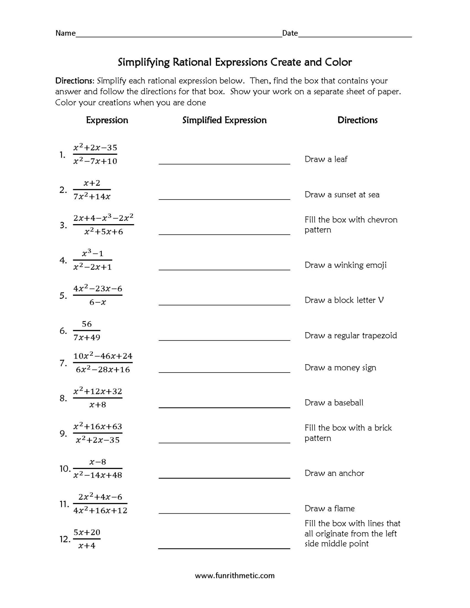 Simplifying Rational Expressions Create and Color | Funrithmetic