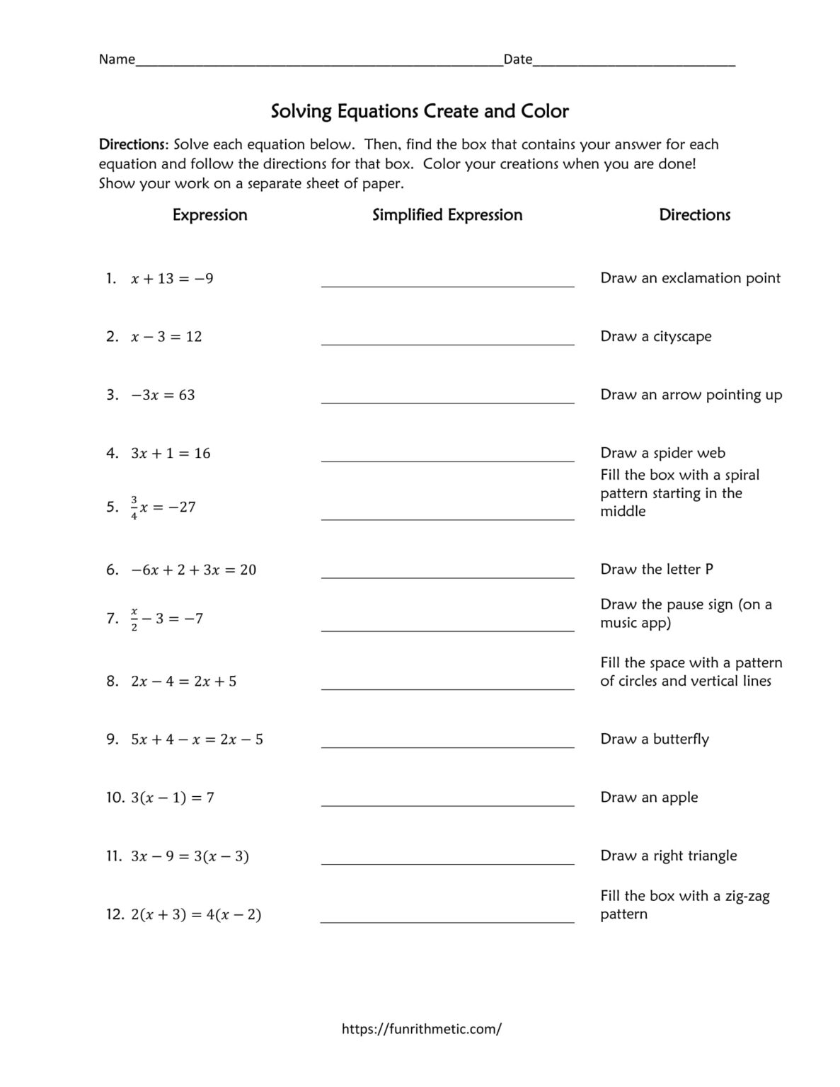 Solving Equations Create and Color | Funrithmetic