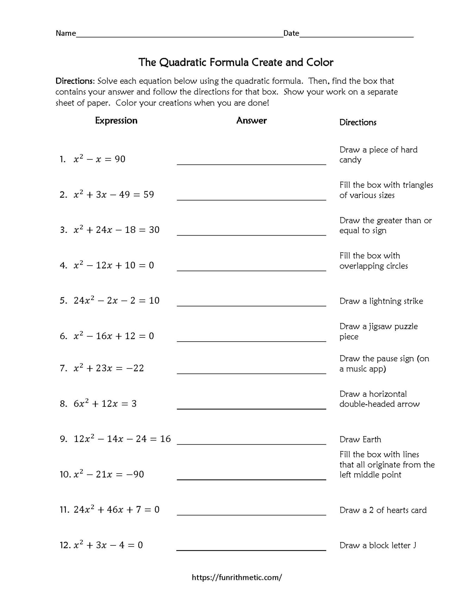 The Quadratic Formula Create and Color | Funrithmetic