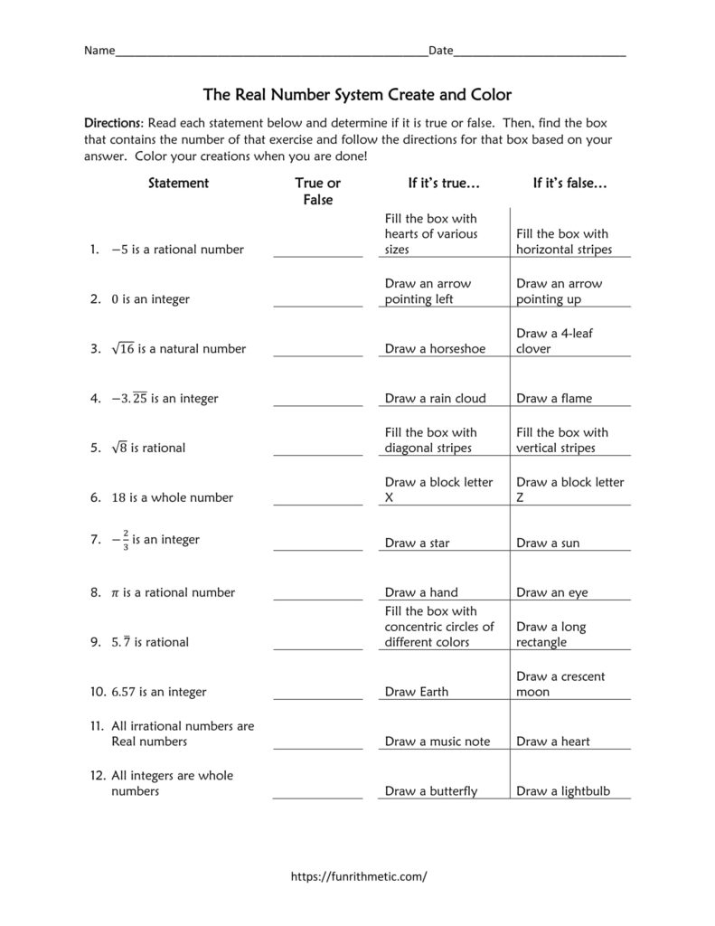 The Real Number System Create and Color | Funrithmetic